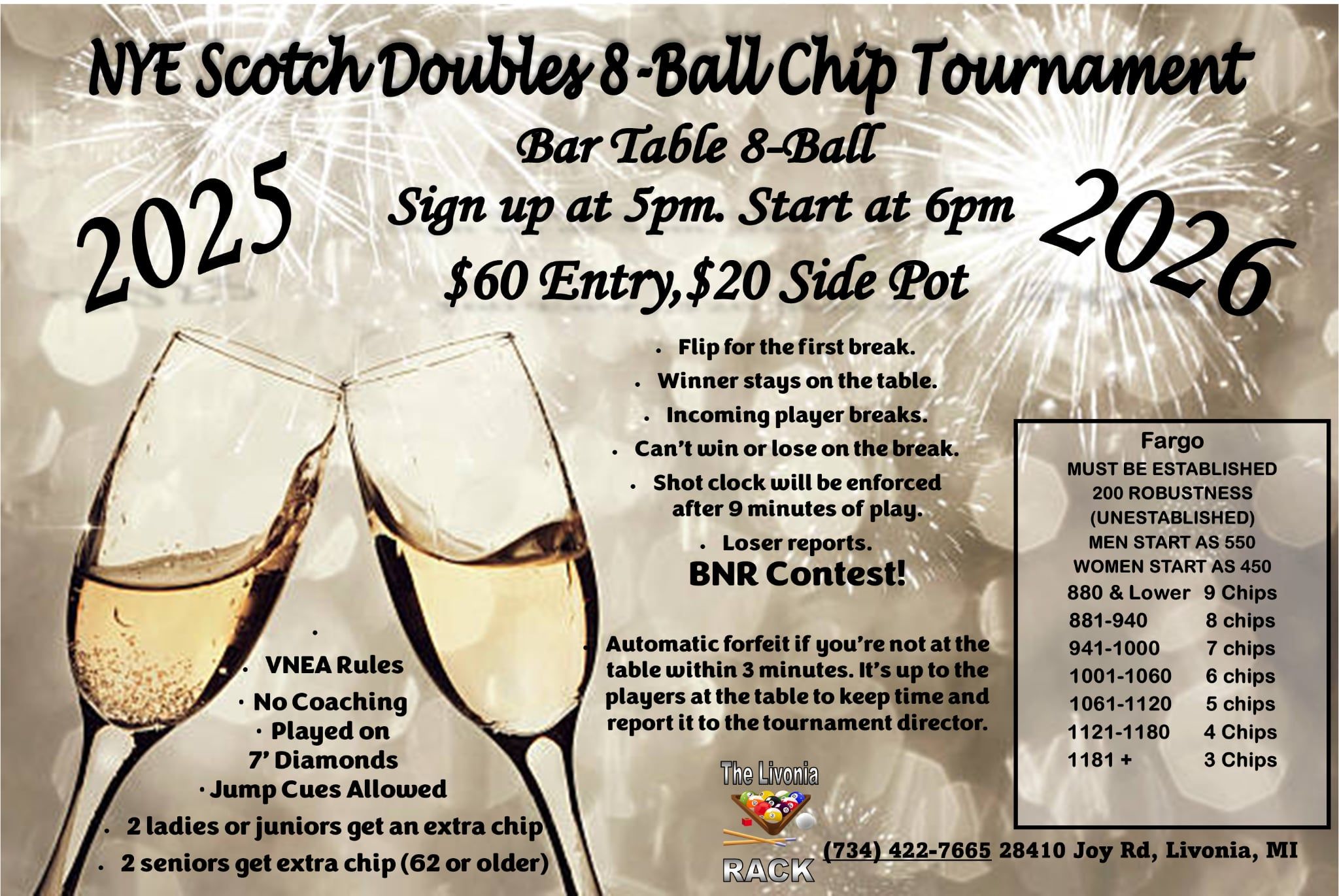 NYE Scotch Doubles 8-Ball Chip Tournament - Livonia | Rack Radar